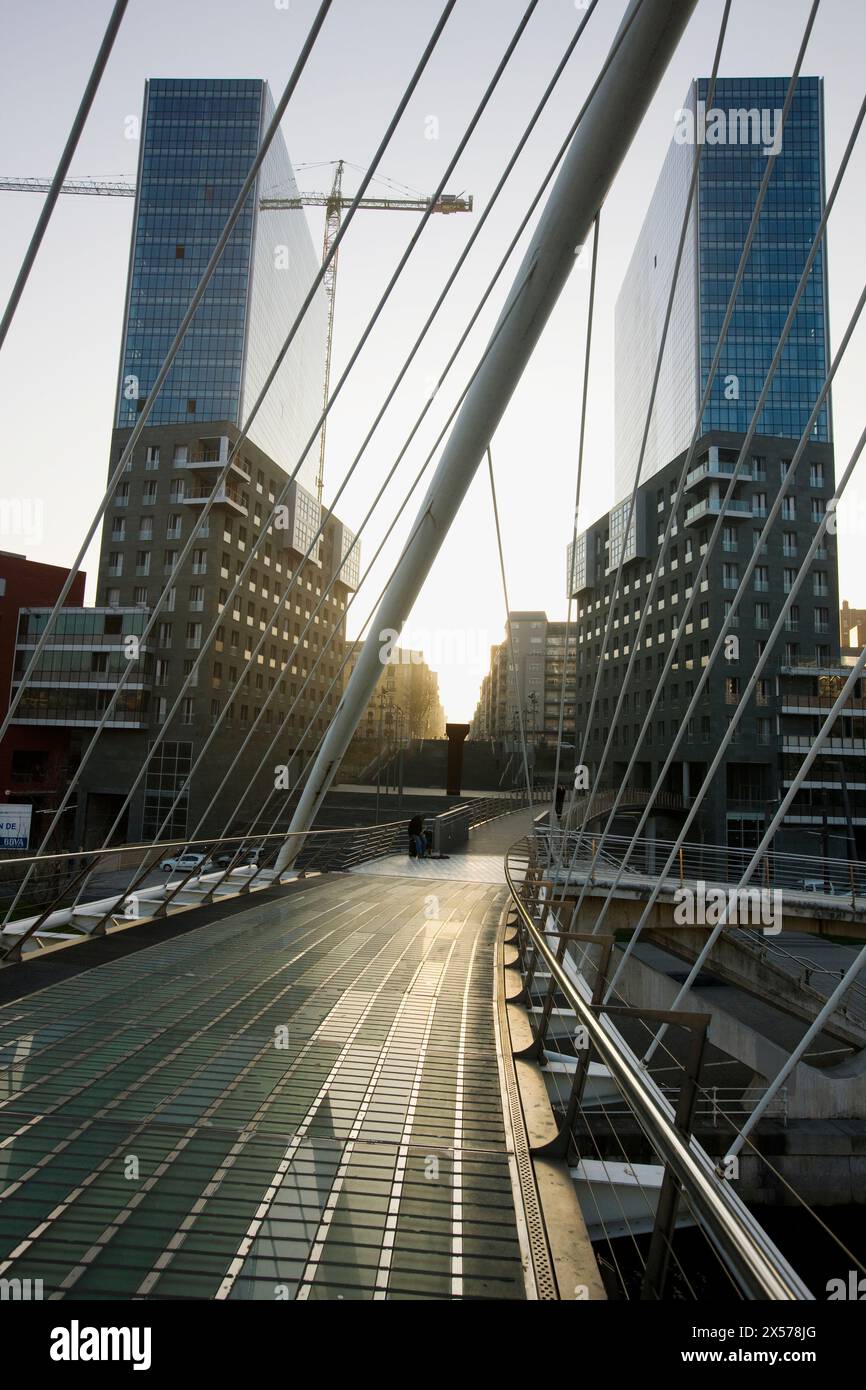 Zubizuri Bridge by Santiago Calatrava and Isozaki Atea towers, Bilbao ...