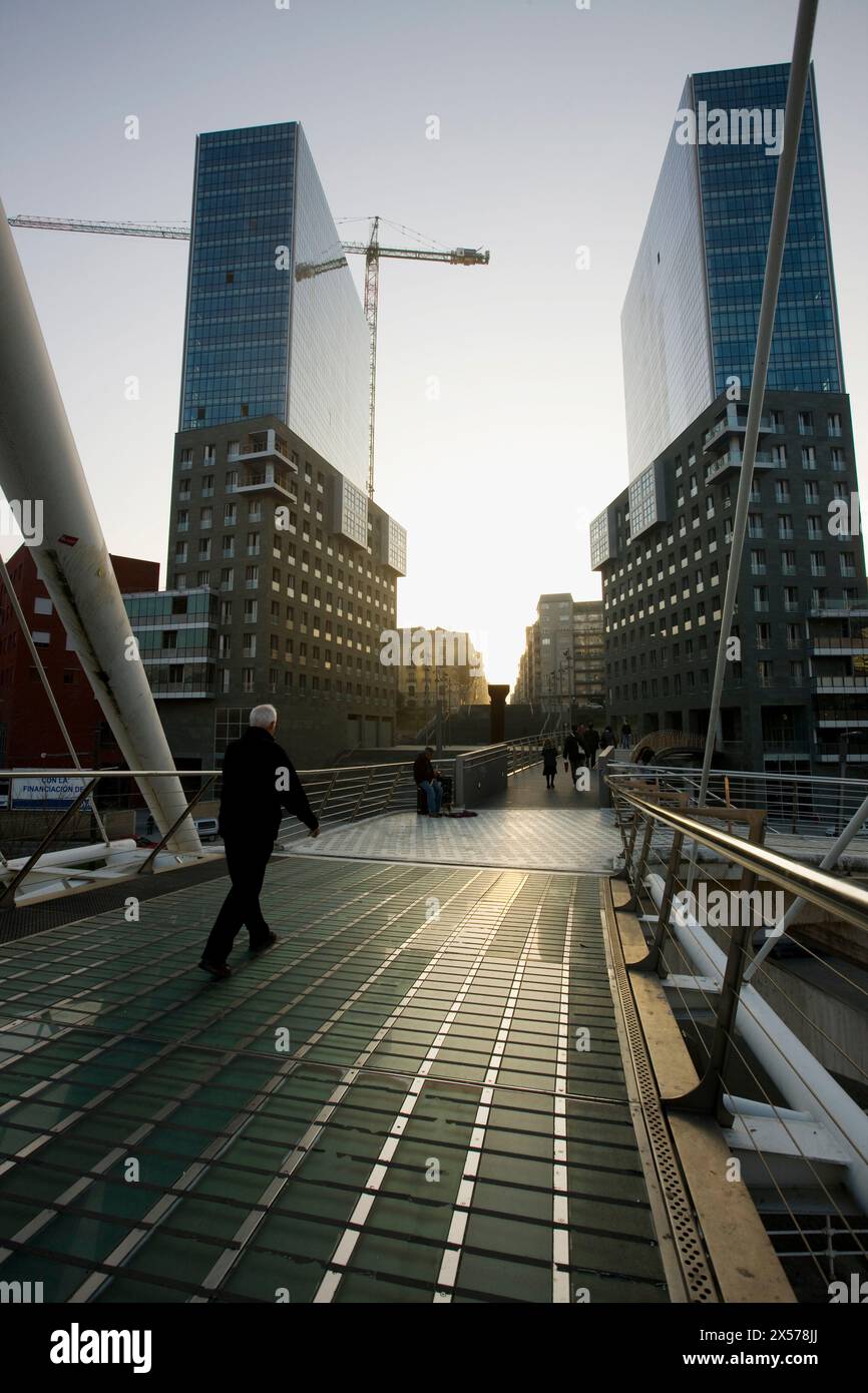 Zubizuri Bridge by Santiago Calatrava and Isozaki Atea towers, Bilbao ...