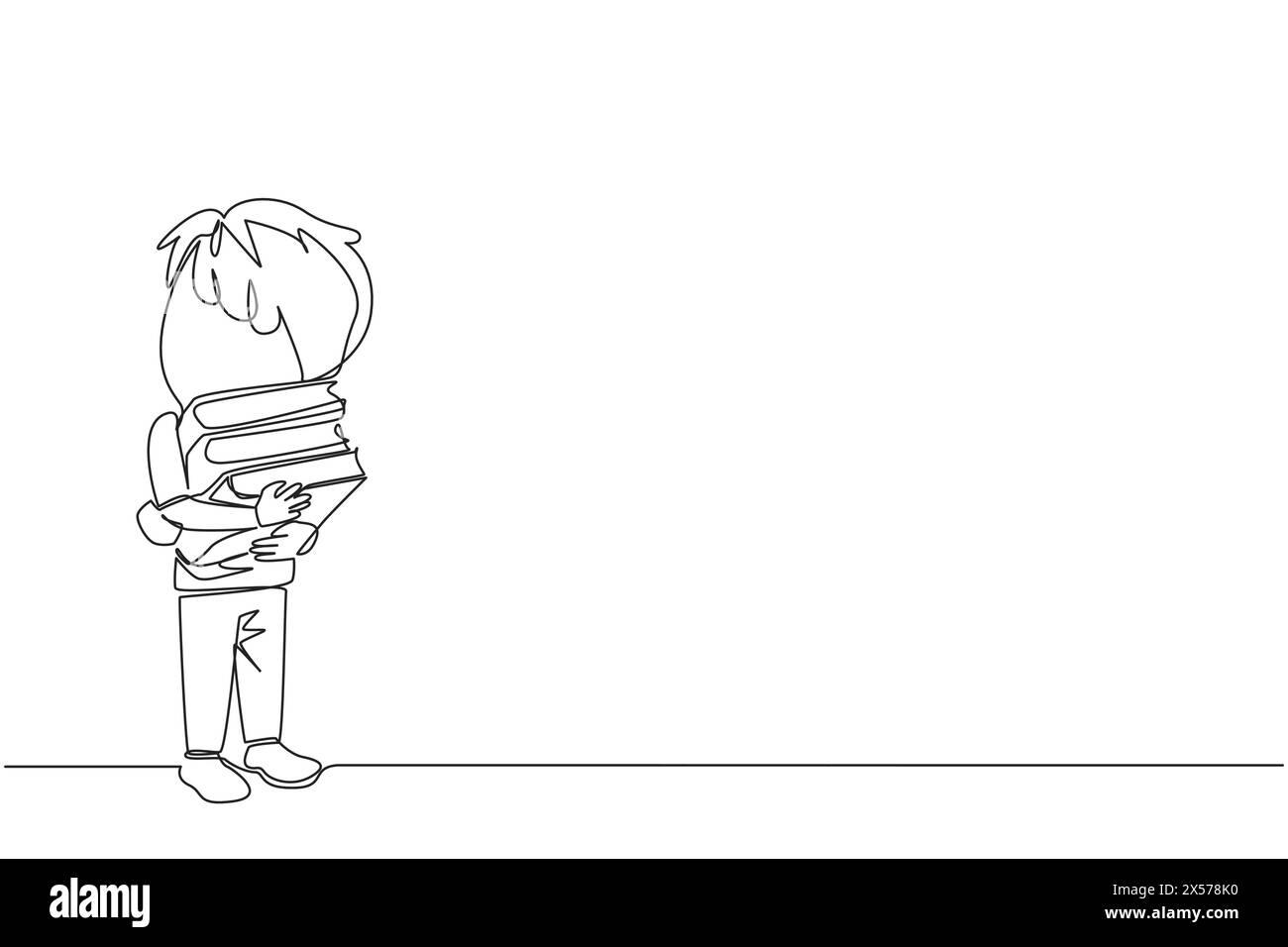 Single continuous line drawing boy standing hugging some books ...