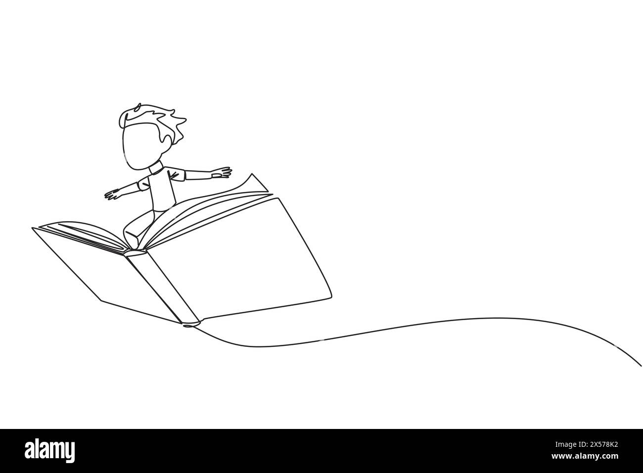 Single continuous line drawing boy standing on a large flying open book ...