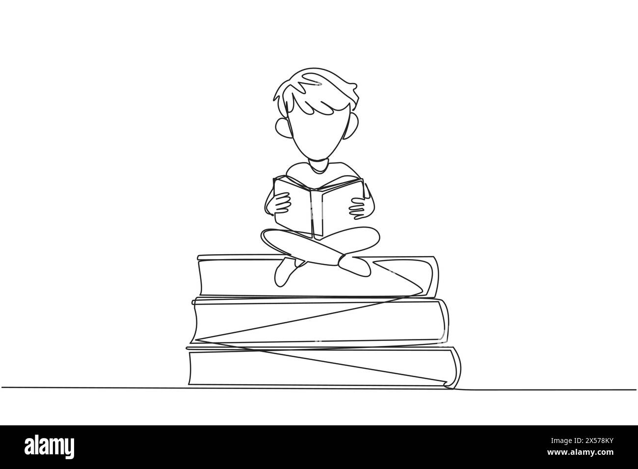 Single continuous line drawing boy sitting cross-legged on pile of ...