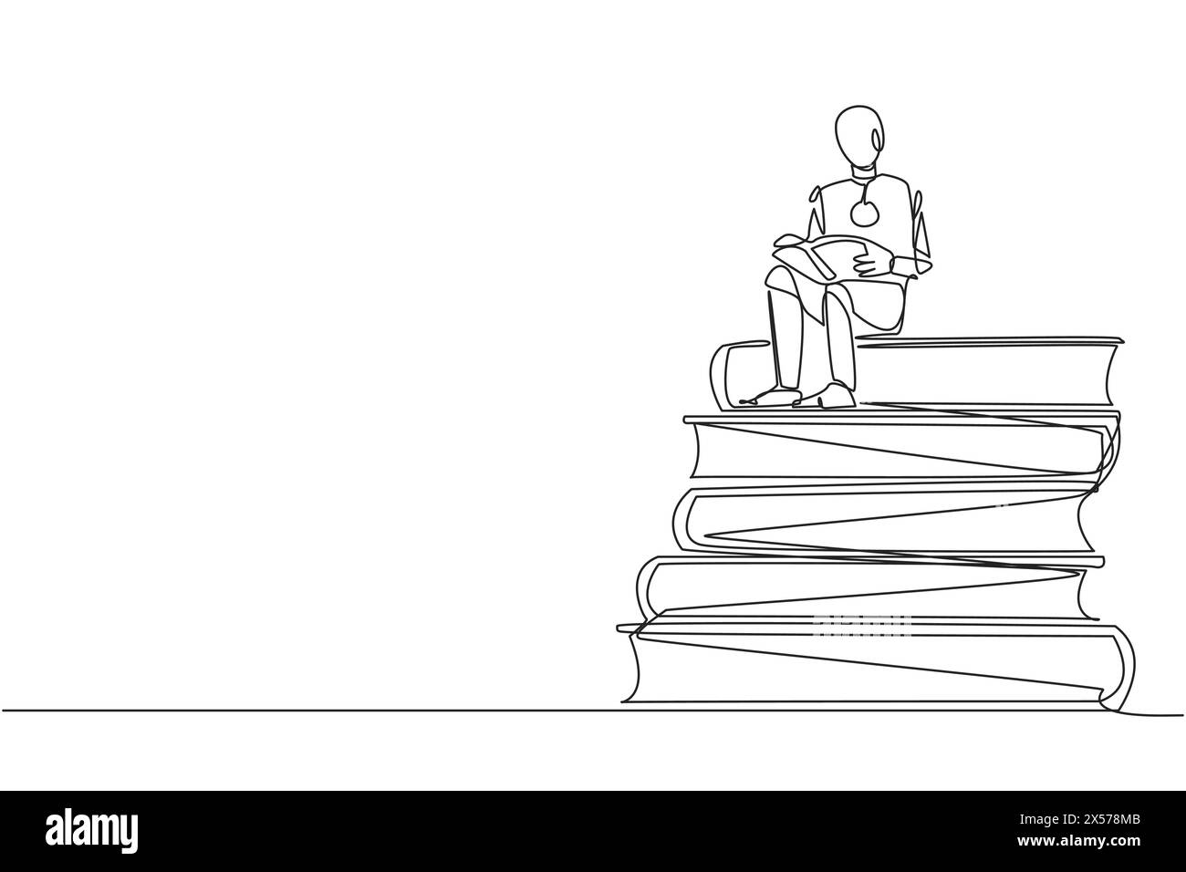 Single one line drawing robotic sitting on pile of books reading book ...