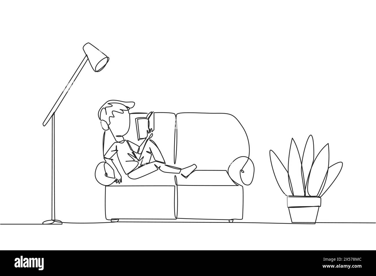 Continuous one line drawing boy sitting stretched out on the sofa ...