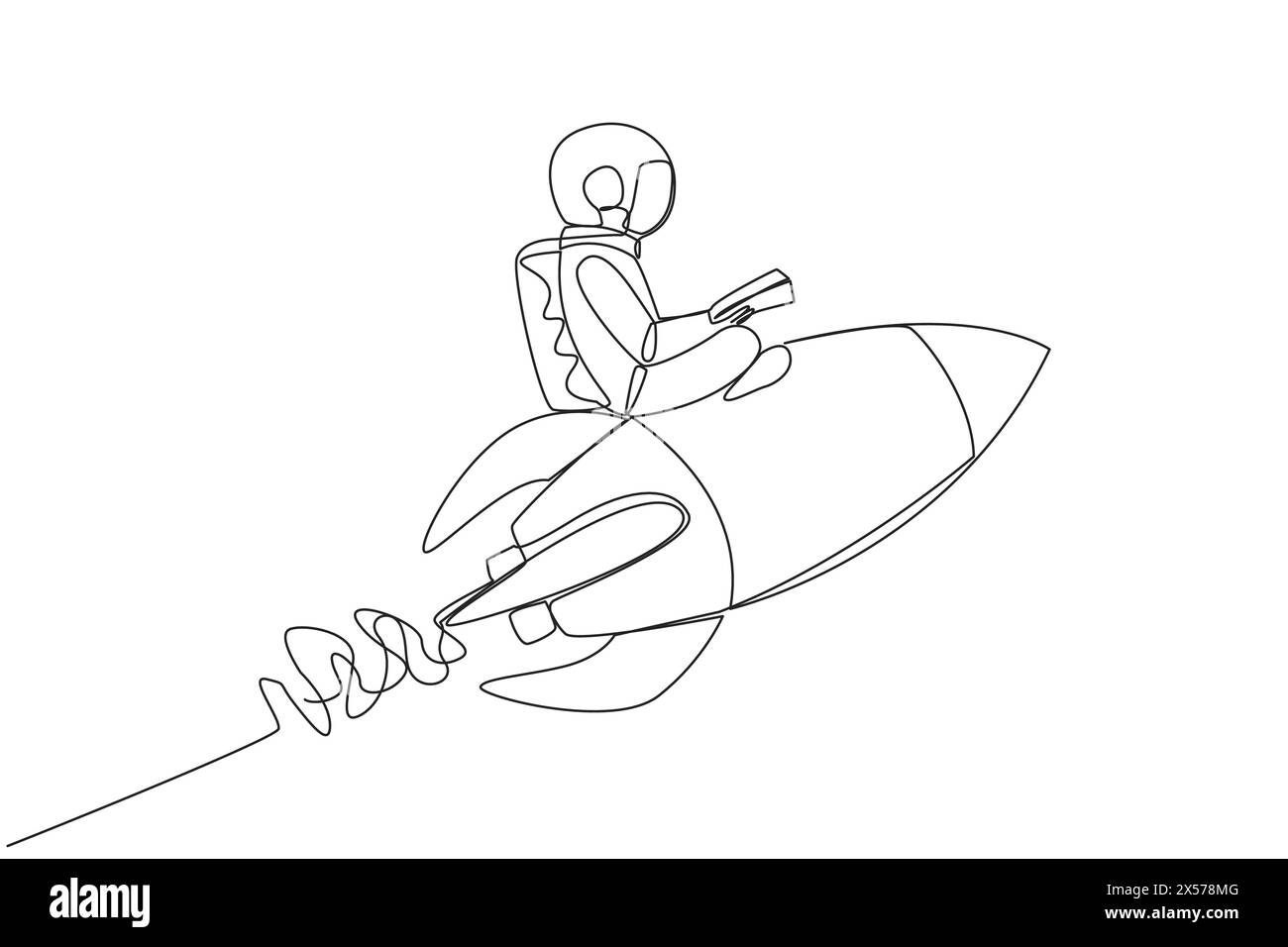 Continuous one line drawing astronaut flying on a rocket reading book ...