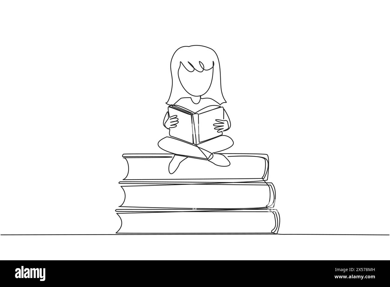 Single One Line Drawing Girl Sit Cross Legged On Pile Of Large Books