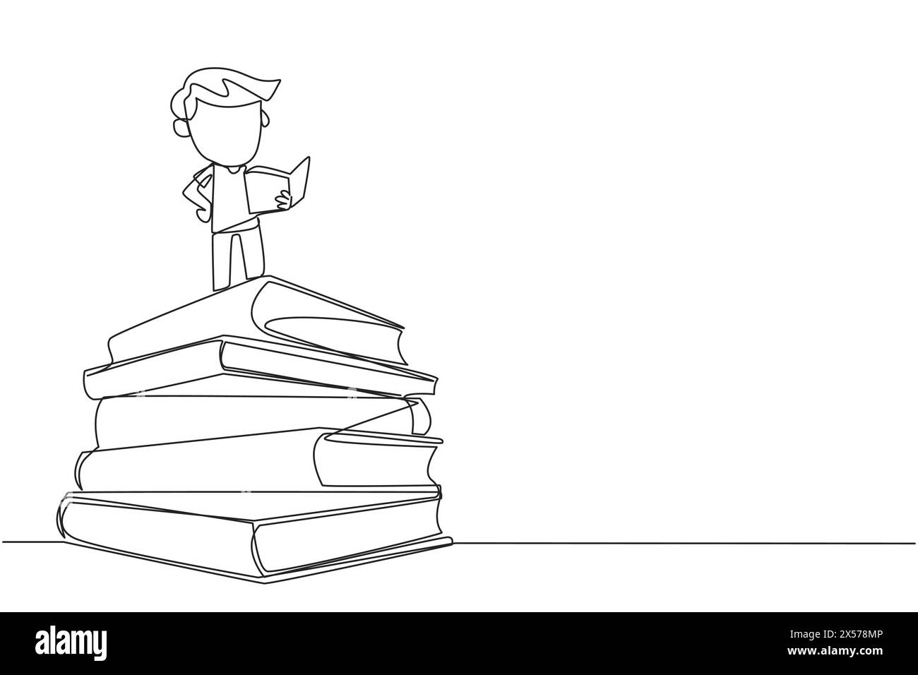 Single one line drawing boy standing on pile of books reading a fiction ...
