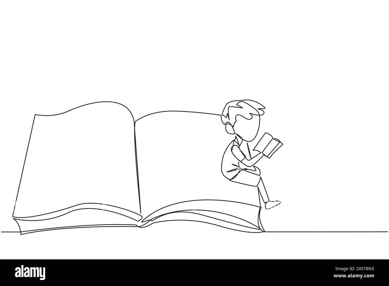 Single one line drawing serious boy sitting on the edge of a large open ...