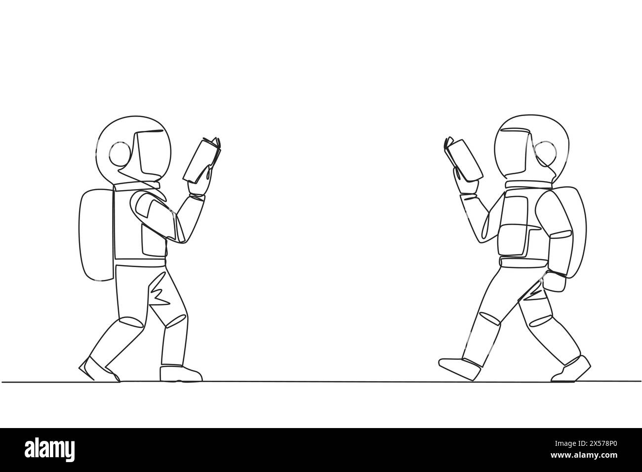 Single continuous line drawing two astronauts walking face to face reading books. Gesture of ...