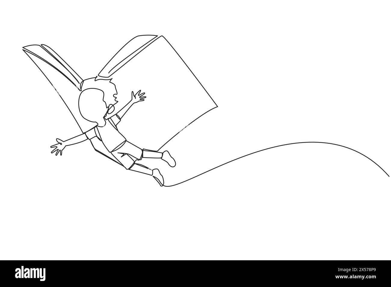 Continuous one line drawing boy flying with wings that come from an ...