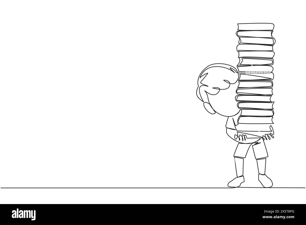 Single continuous line drawing boy carrying a tall stack of books ...