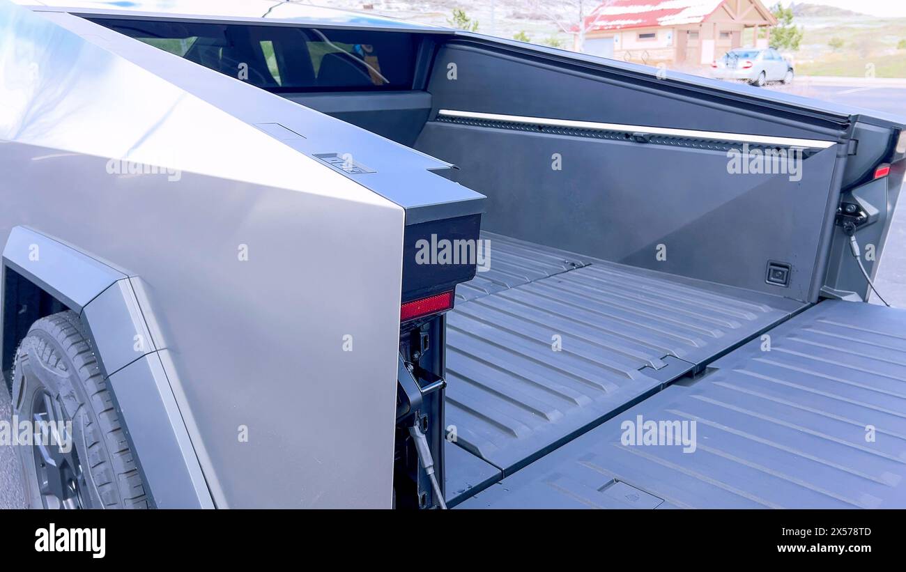 Open Cargo Bed of the Tesla Cybertruck in a Suburban Parking Lot Stock ...