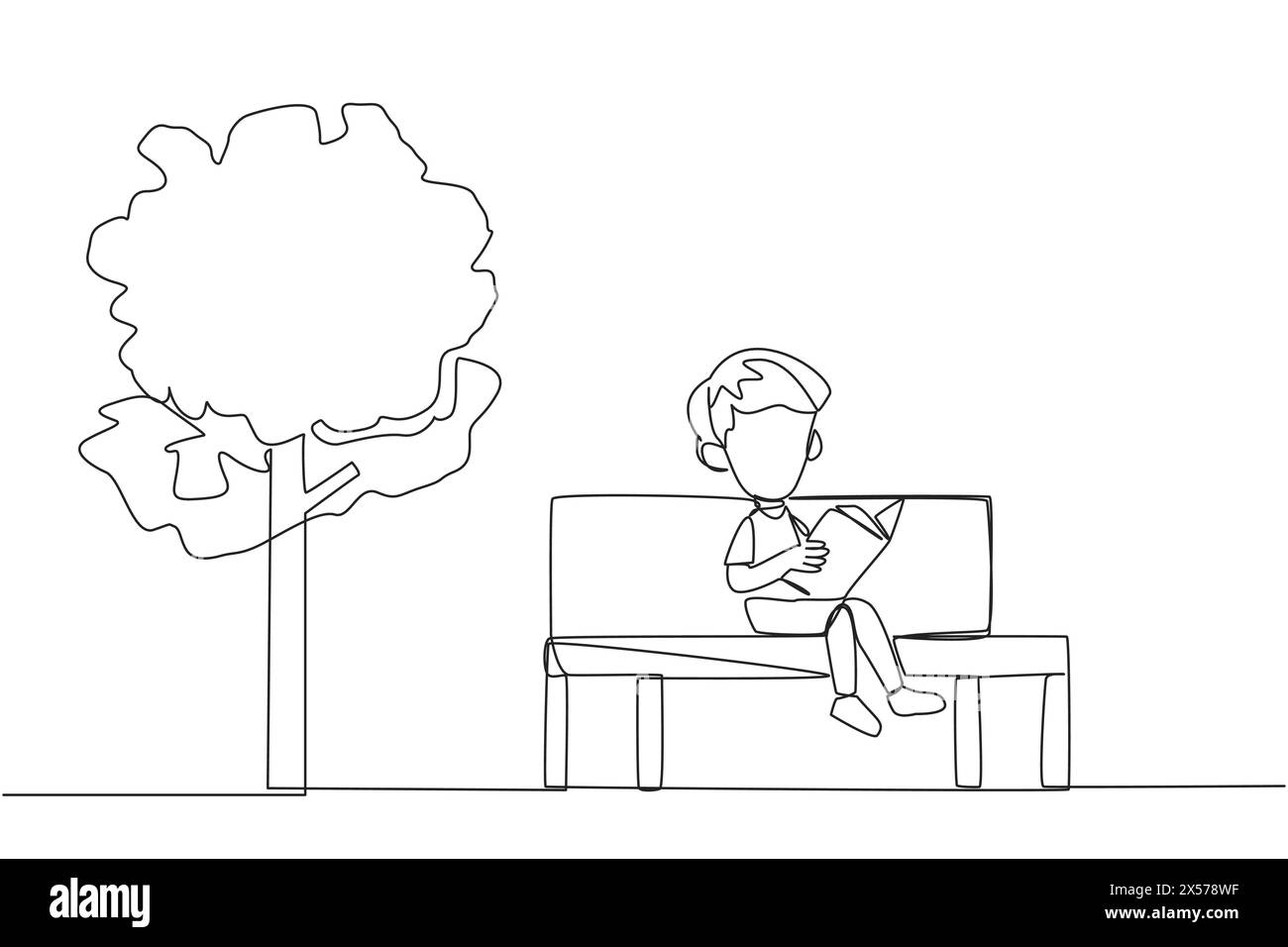 Continuous one line drawing boy sitting on school park bench reading ...