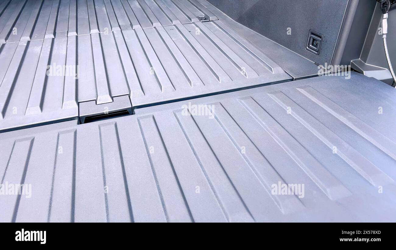Open Cargo Bed of the Tesla Cybertruck in a Suburban Parking Lot Stock ...