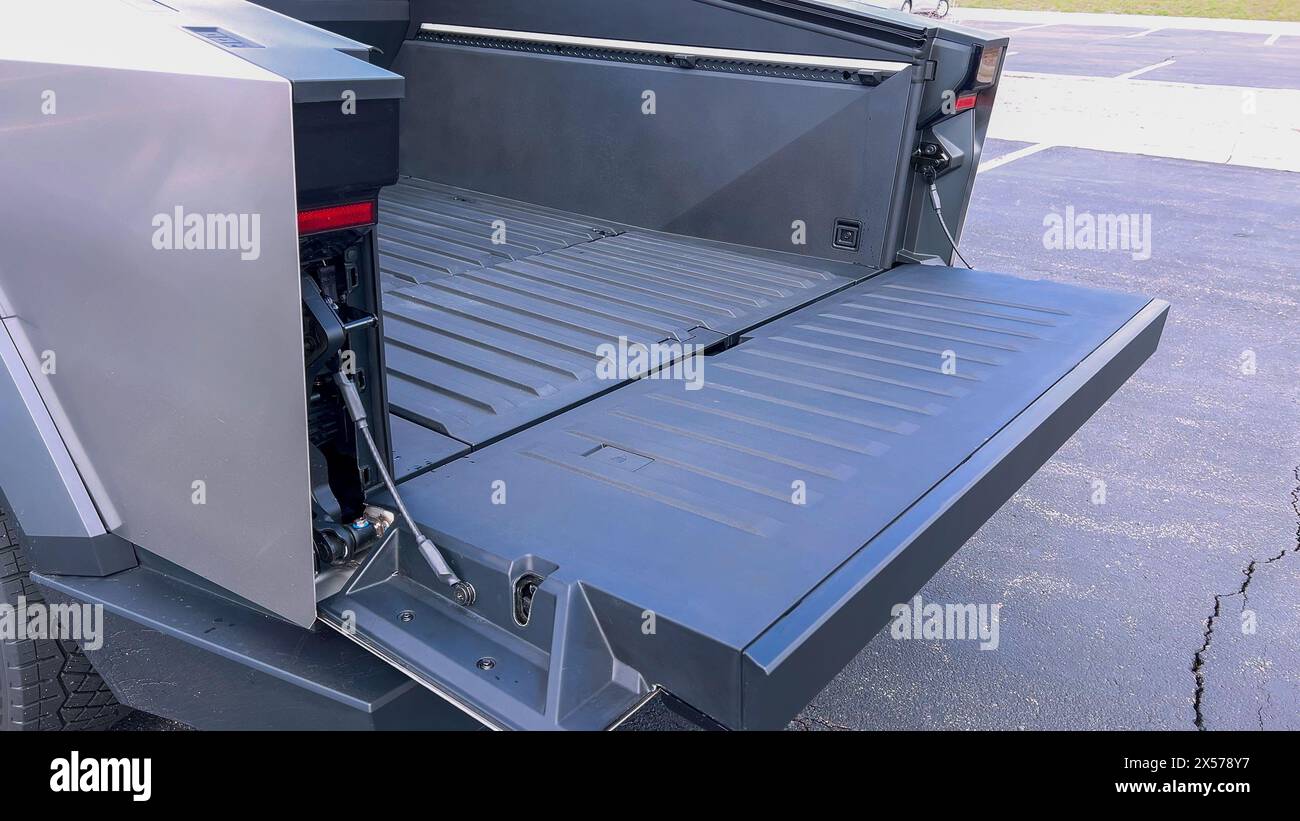 Open Cargo Bed of the Tesla Cybertruck in a Suburban Parking Lot Stock ...