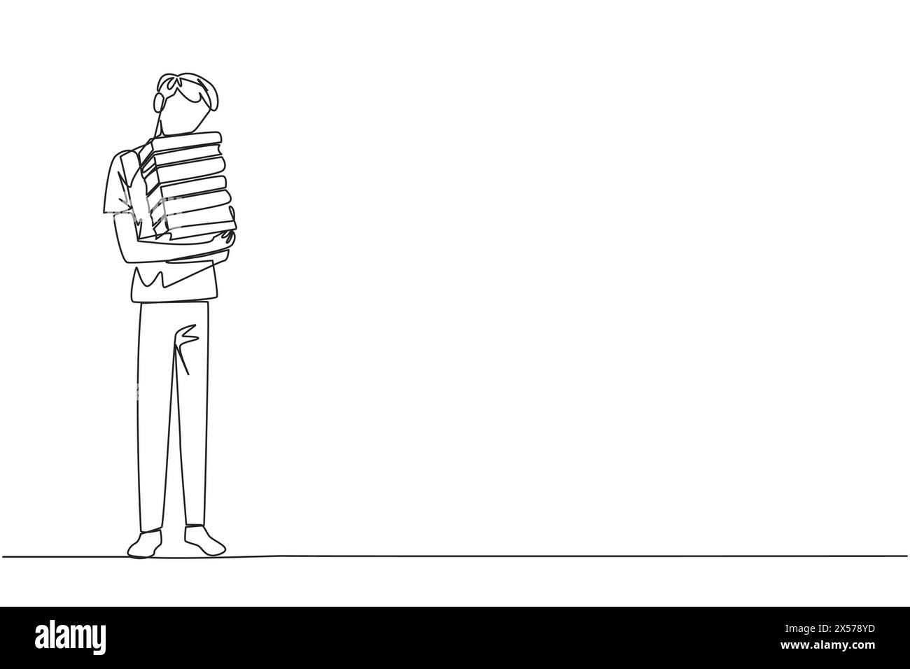 Continuous one line drawing man standing hugging some books. Favorite ...