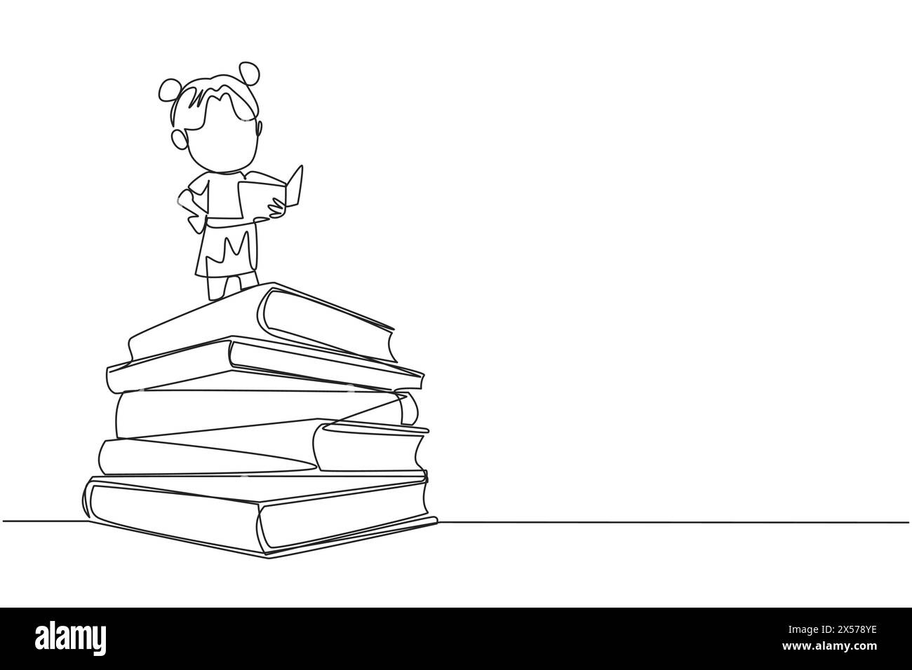 Single continuous line drawing girl standing on pile of books reading a ...