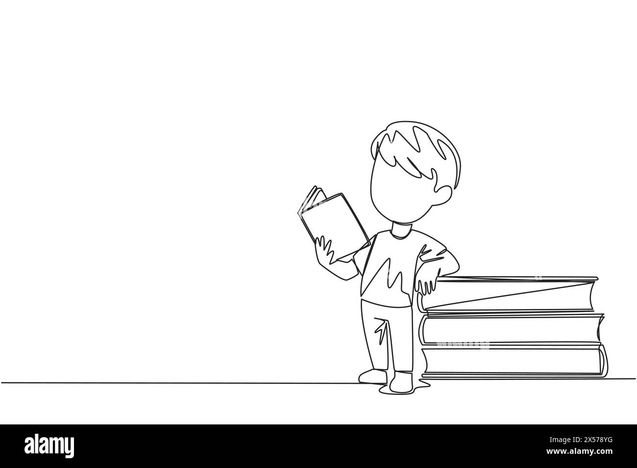Continuous one line drawing boy standing reading a book while leaning ...