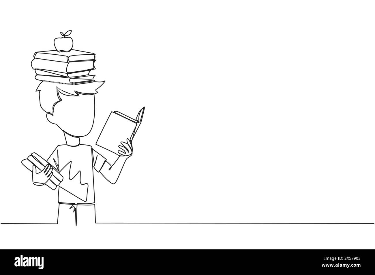 Single one line drawing boy reading a book practicing balance. Stack ...