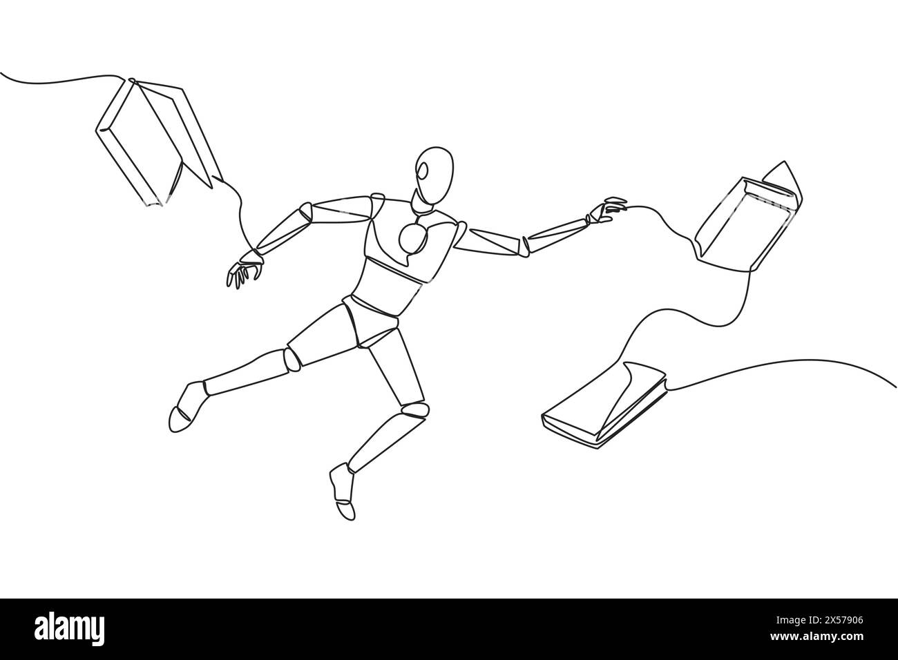 Single continuous line drawing astronaut floating in space trying to pick up books. No gravity ...