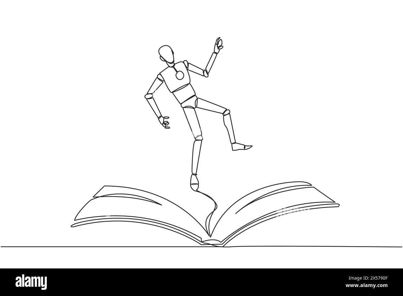 Continuous one line drawing robot hovering over an open book ...