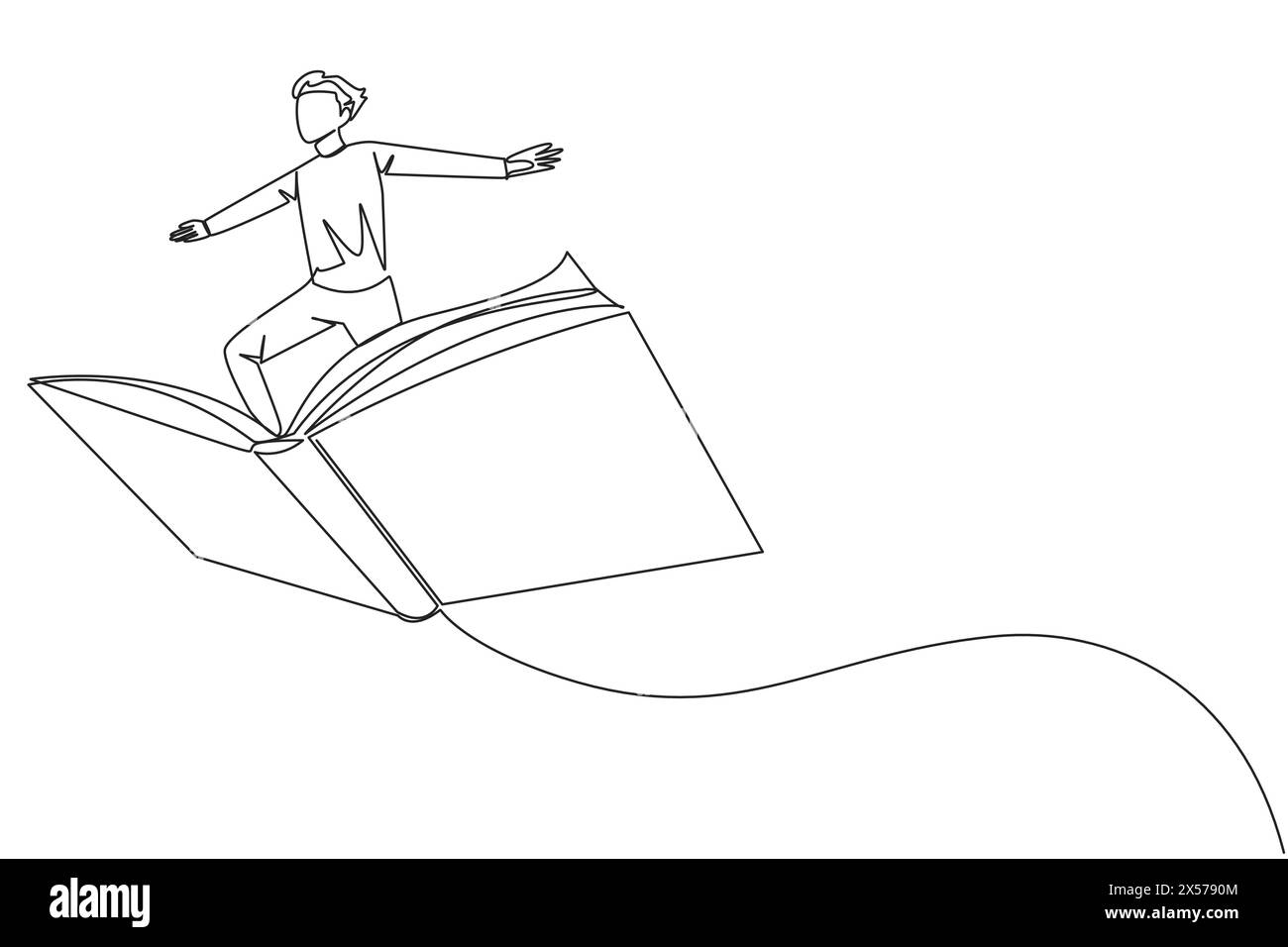 Single continuous line drawing man standing on a large flying open book ...