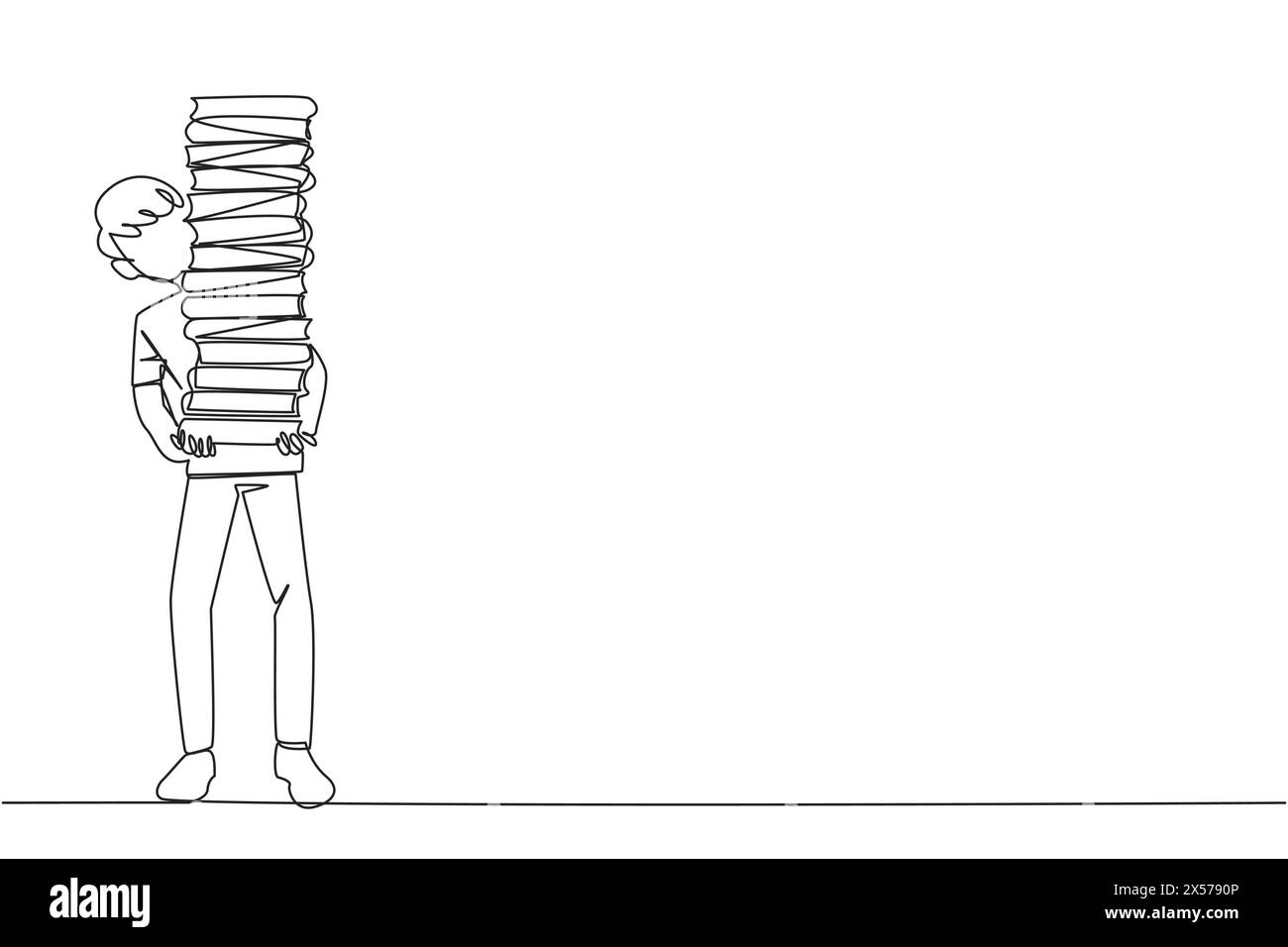 Continuous one line drawing man carrying tall stack of books covering ...