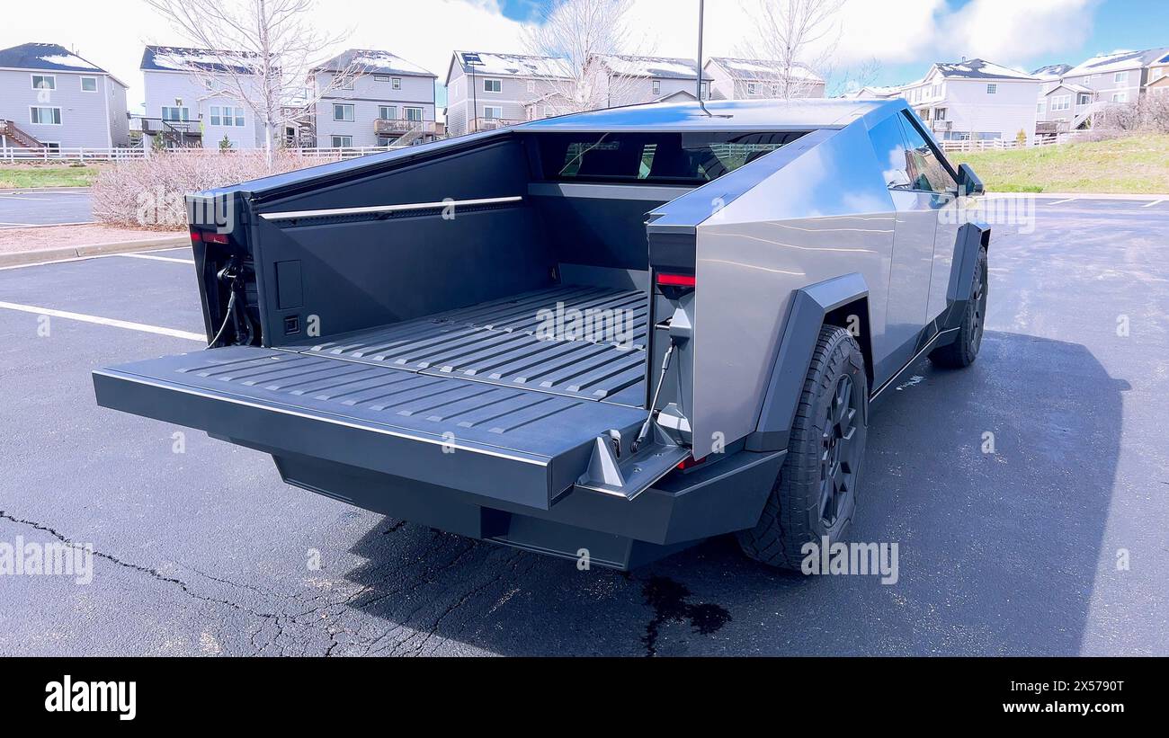 Open Cargo Bed of the Tesla Cybertruck in a Suburban Parking Lot Stock ...