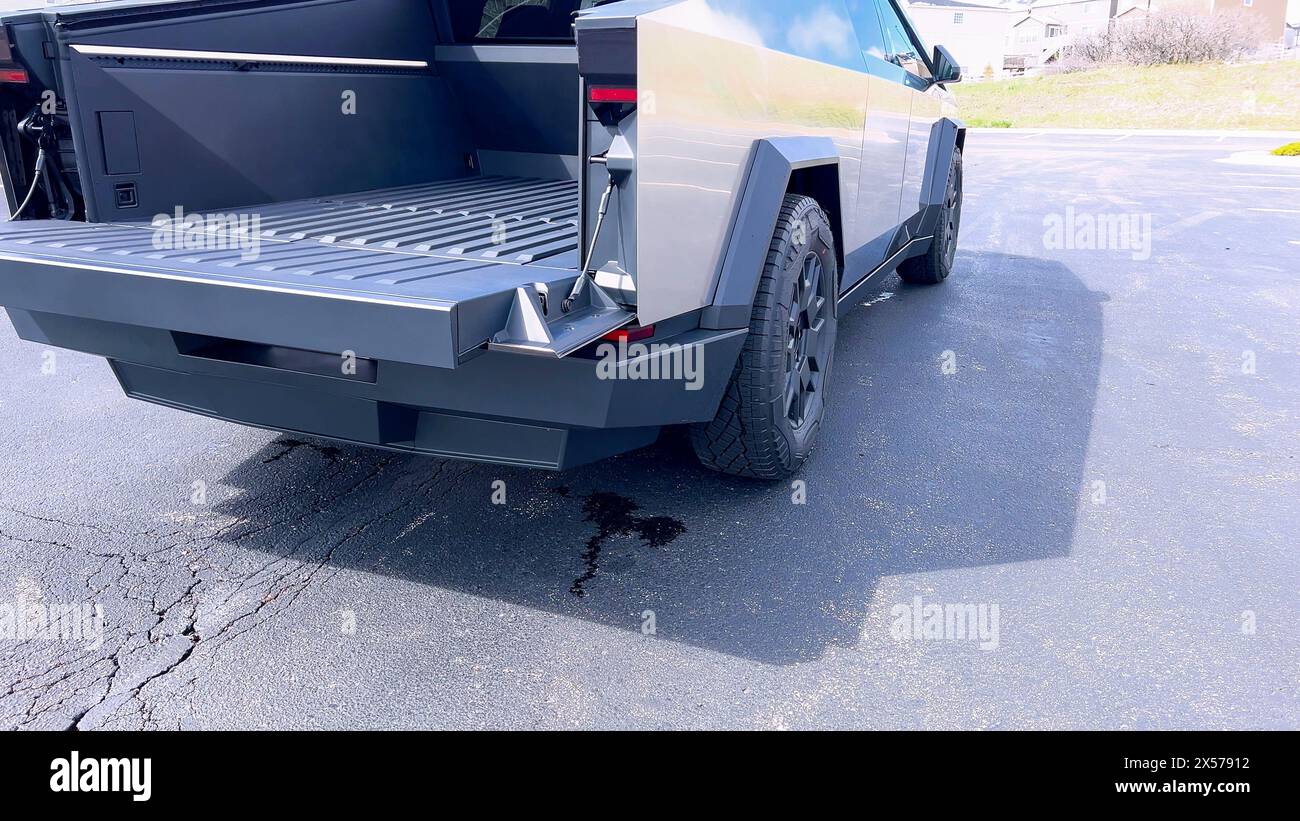 Open Cargo Bed of the Tesla Cybertruck in a Suburban Parking Lot Stock ...