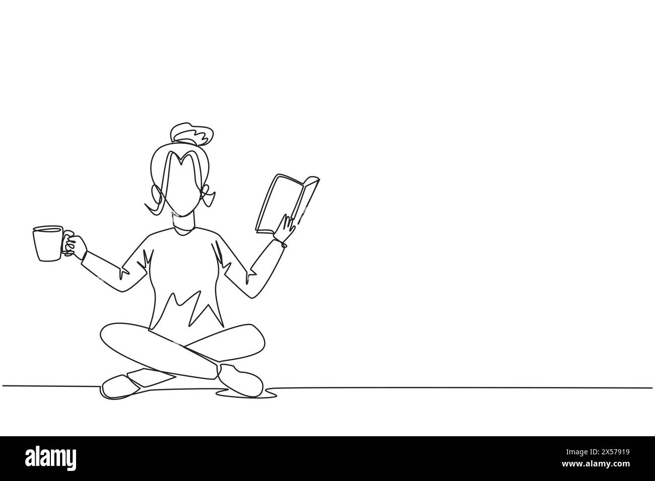 Single continuous line drawing clever woman sitting cross-legged ...