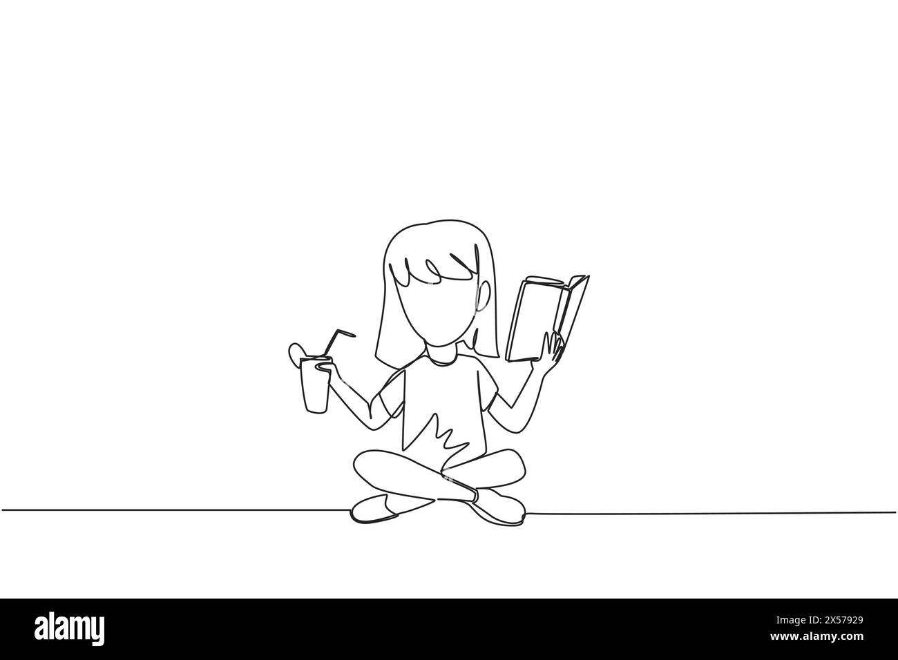 Single continuous line drawing girl sitting cross-legged reading book ...