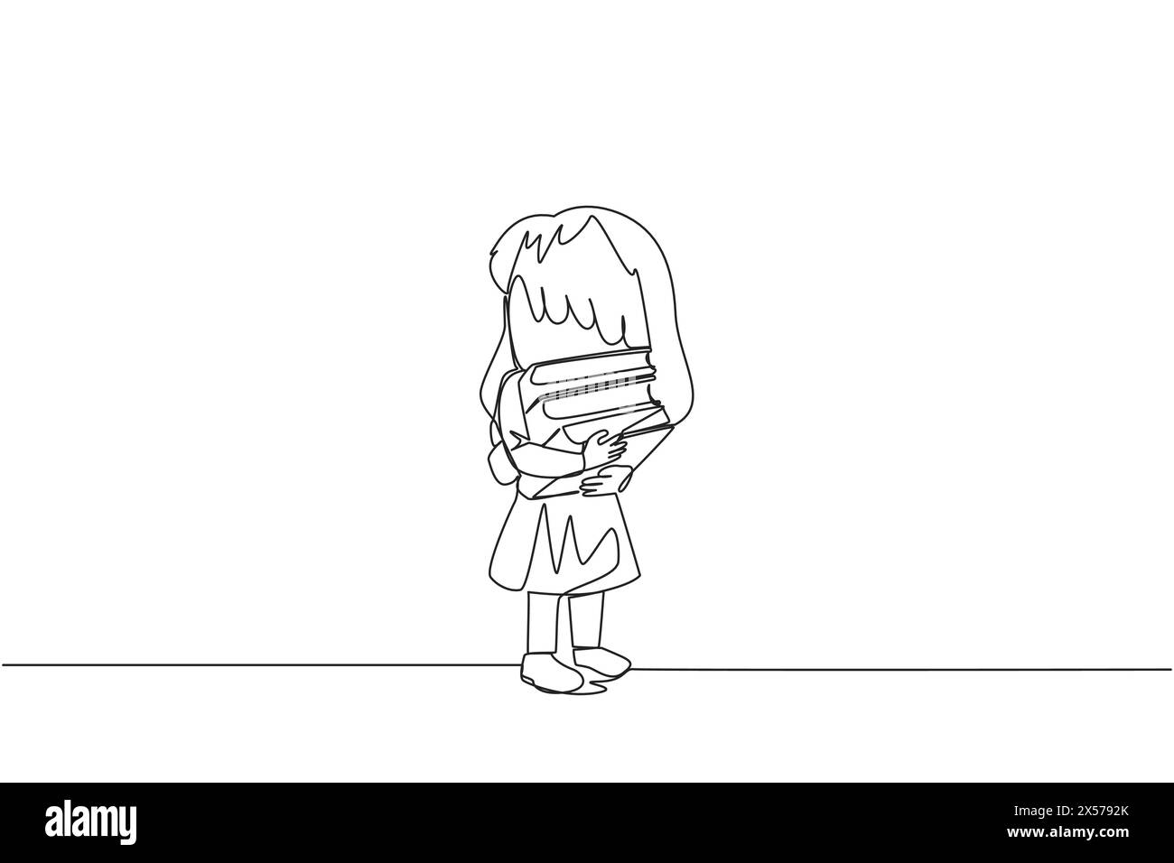 Single One Line Drawing Girl Standing Hugging Some Books Favorite Book