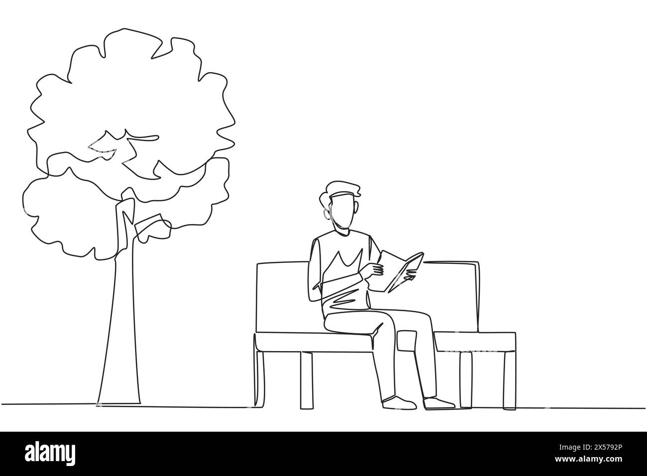 Continuous one line drawing man sitting on park bench reading book ...