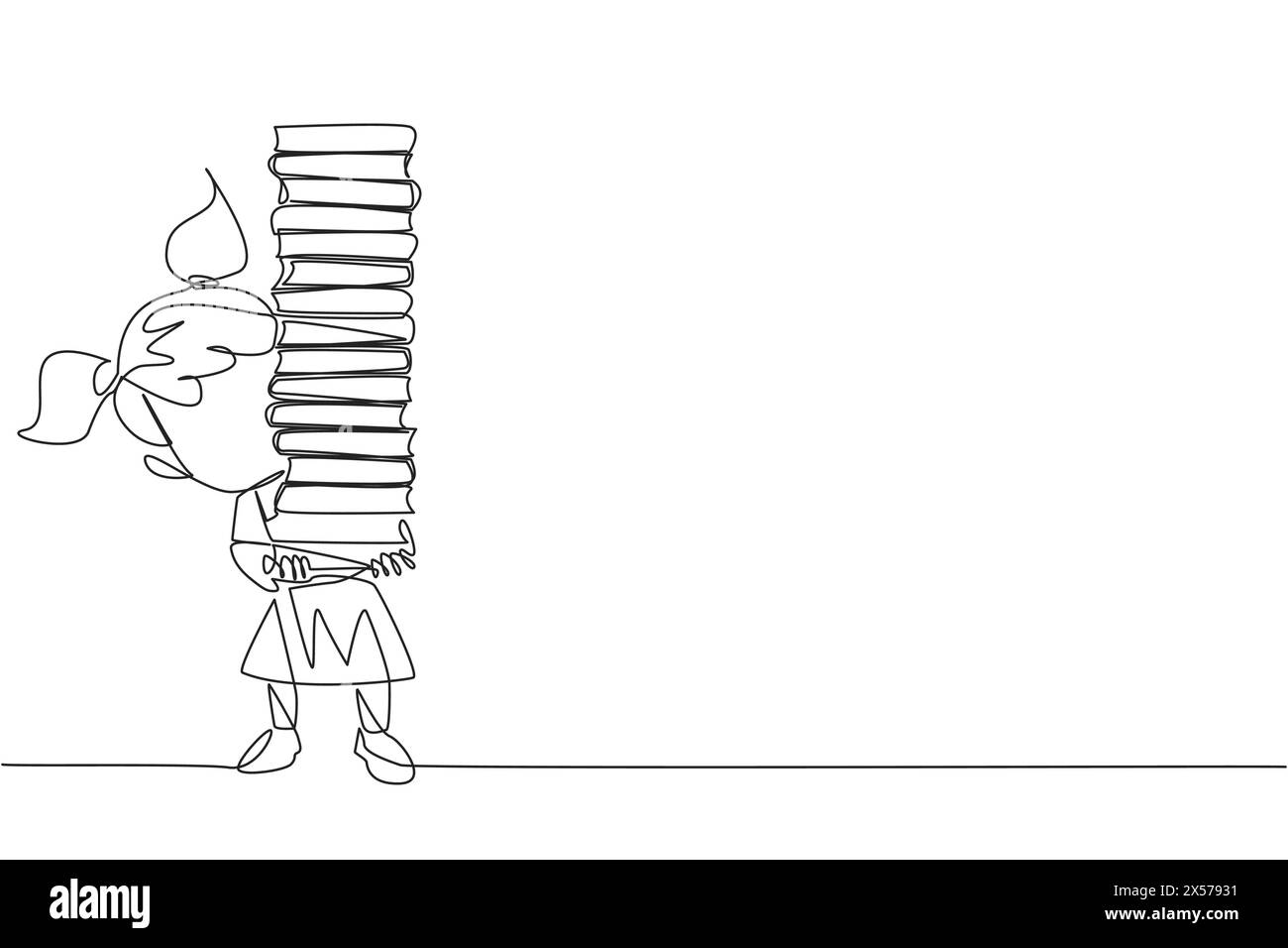 Continuous one line drawing girl carrying tall stack of books covering ...