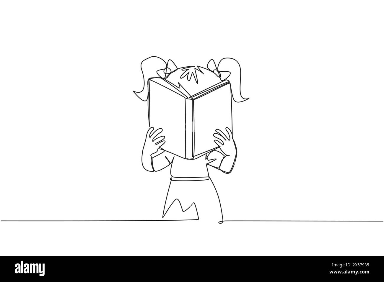 Single continuous line drawing girl seriously reading a book until ...