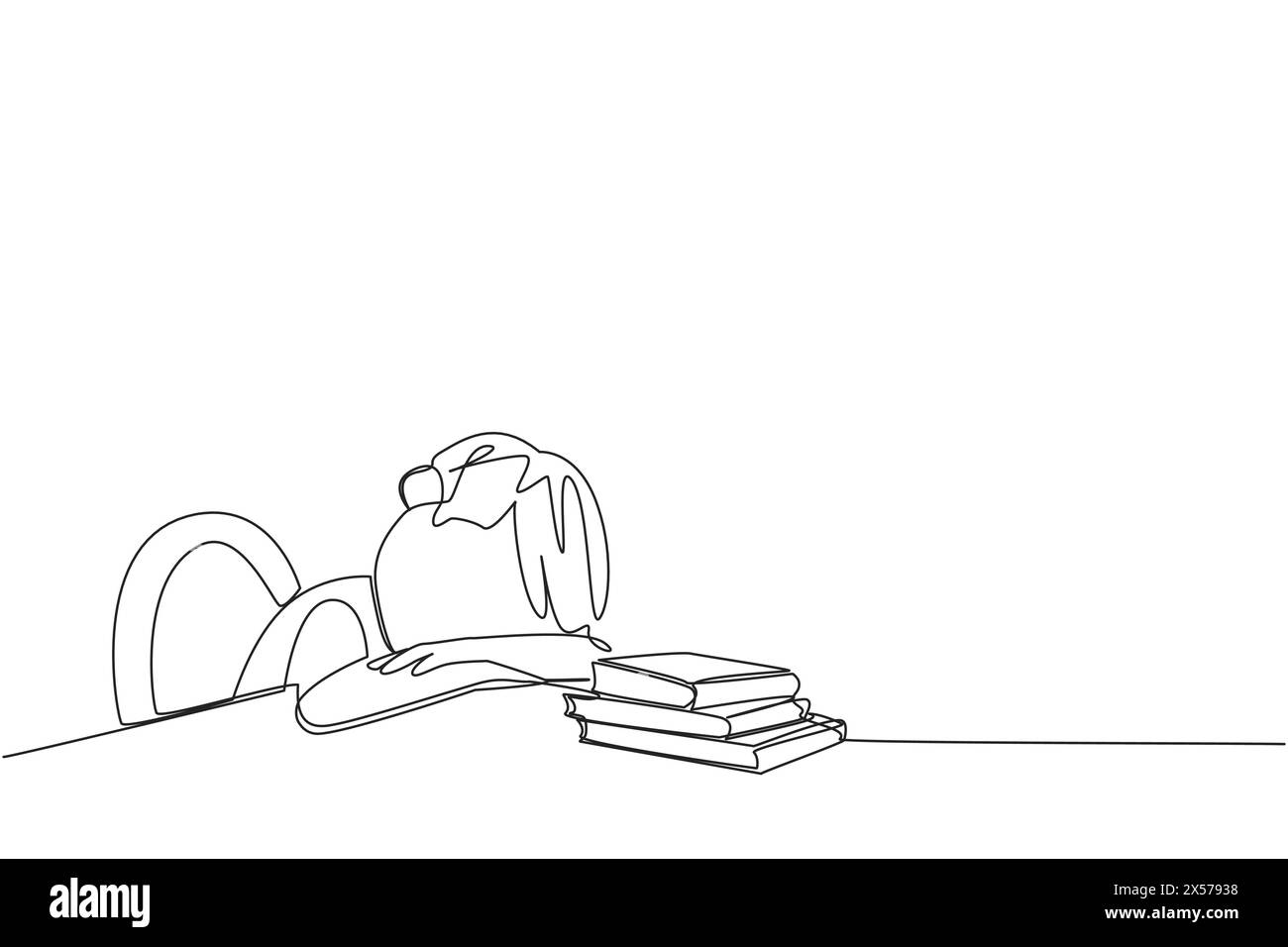 Single continuous line drawing boy asleep at the table where there were ...