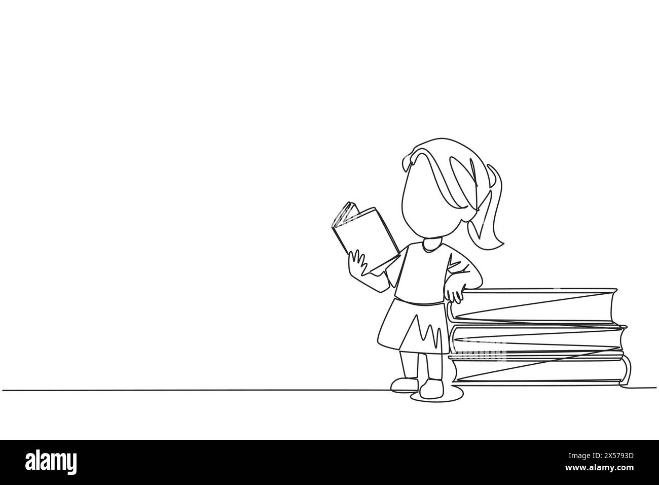 Continuous one line drawing girl standing reading a book while leaning ...