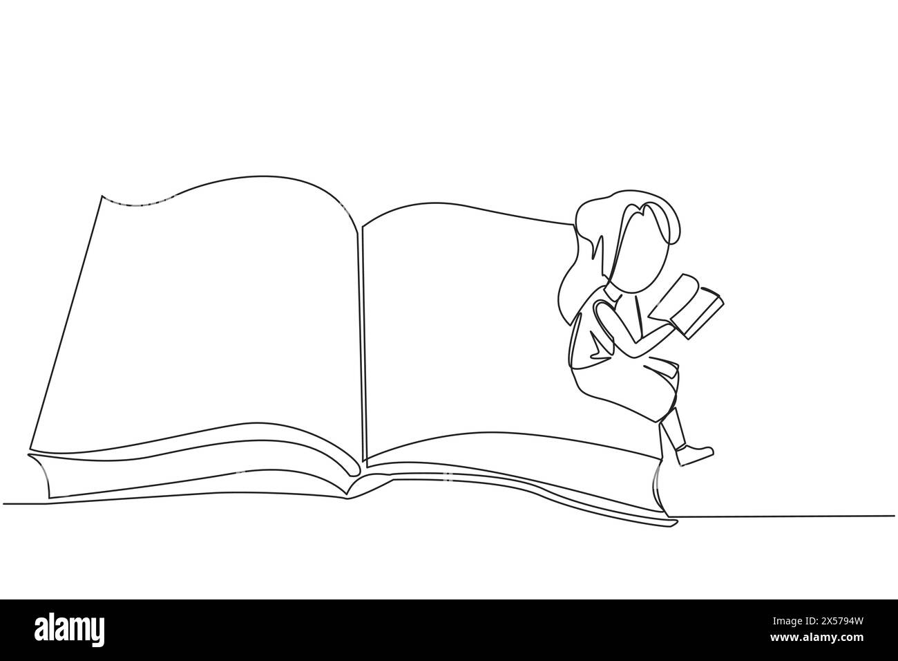 Single continuous line drawing serious girl sitting on the edge of a ...