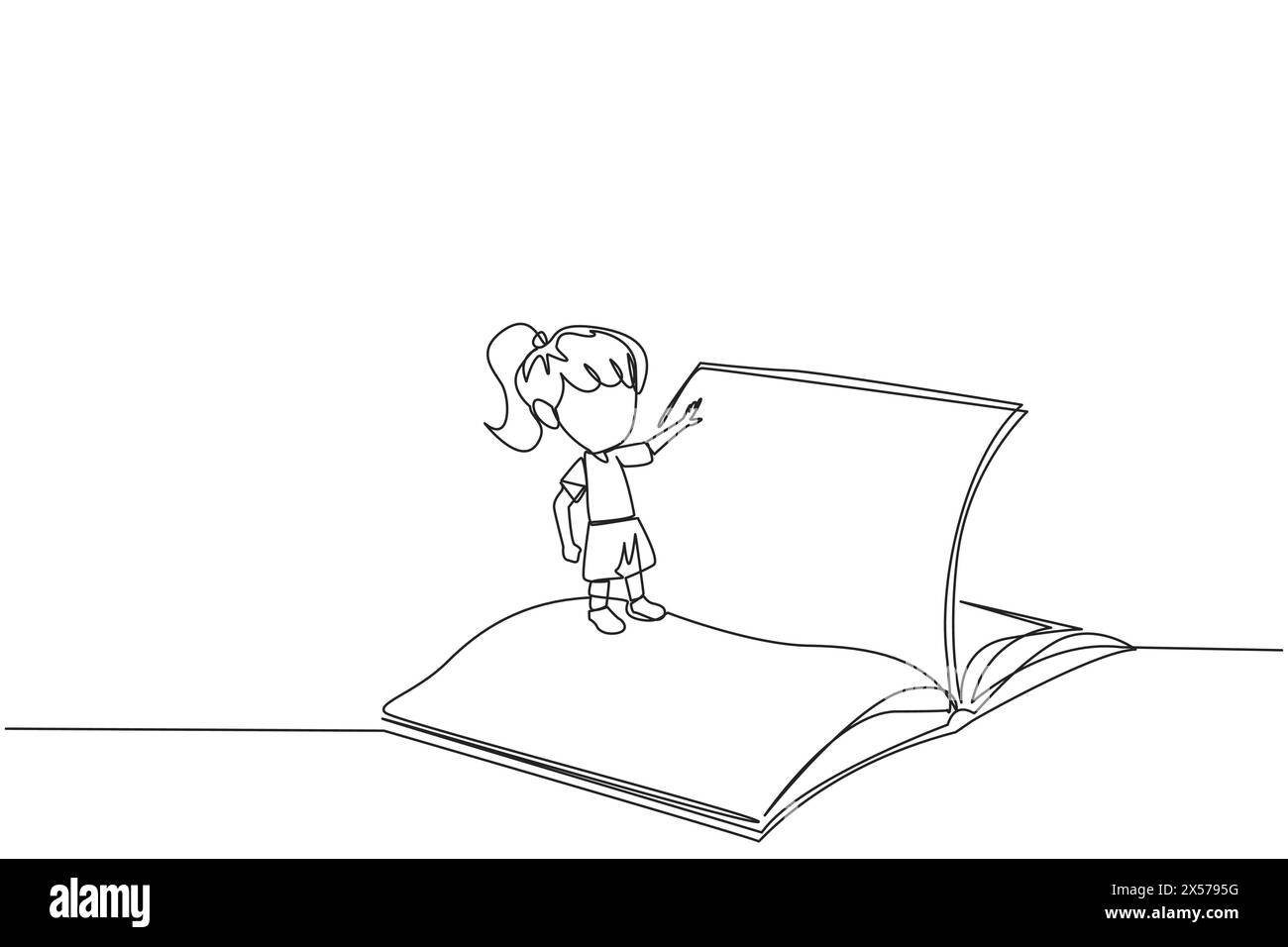 Single one line drawing girl standing over open ledger turning the ...