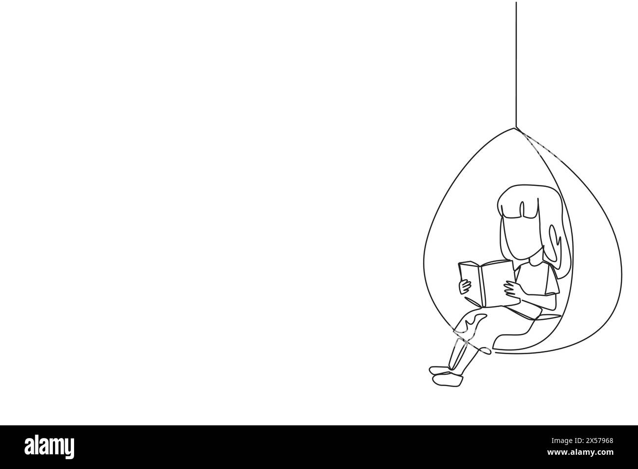 Continuous one line drawing girl sitting relaxed in a hanging chair ...