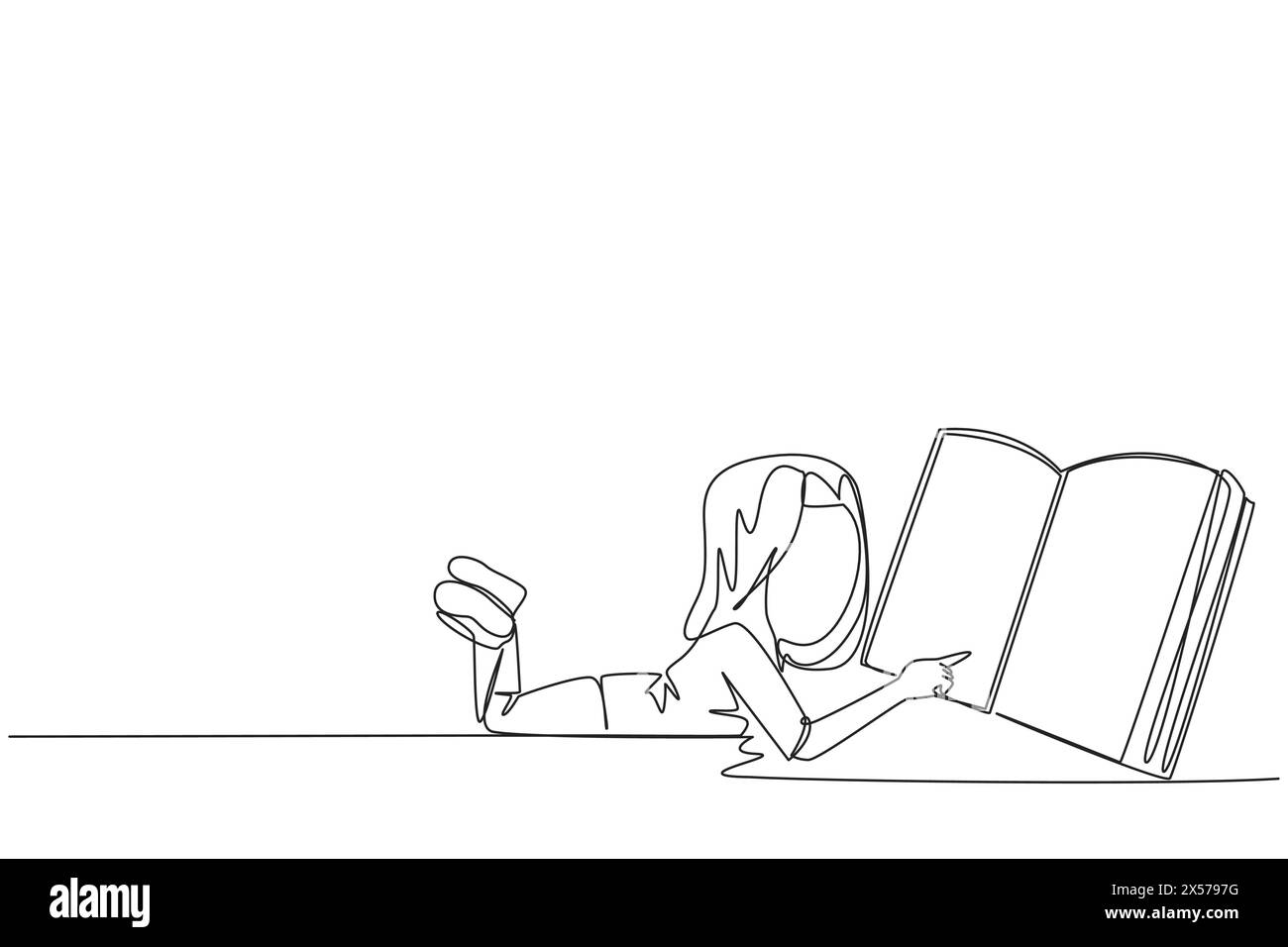 Single continuous line drawing girl lying on her stomach reading a big ...