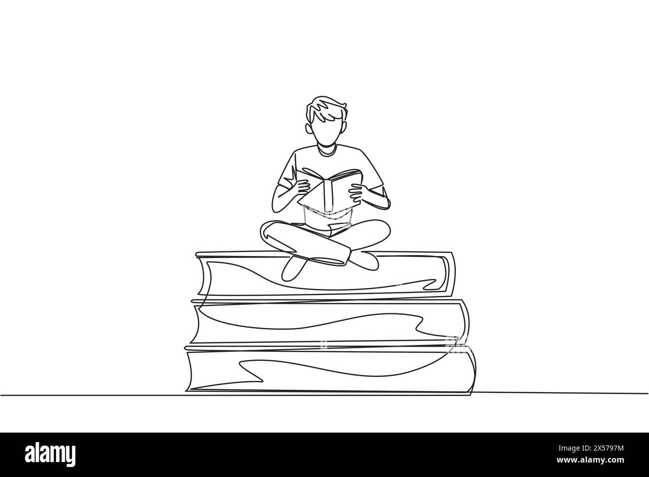 Single one line drawing man sitting cross-legged on pile of large books ...