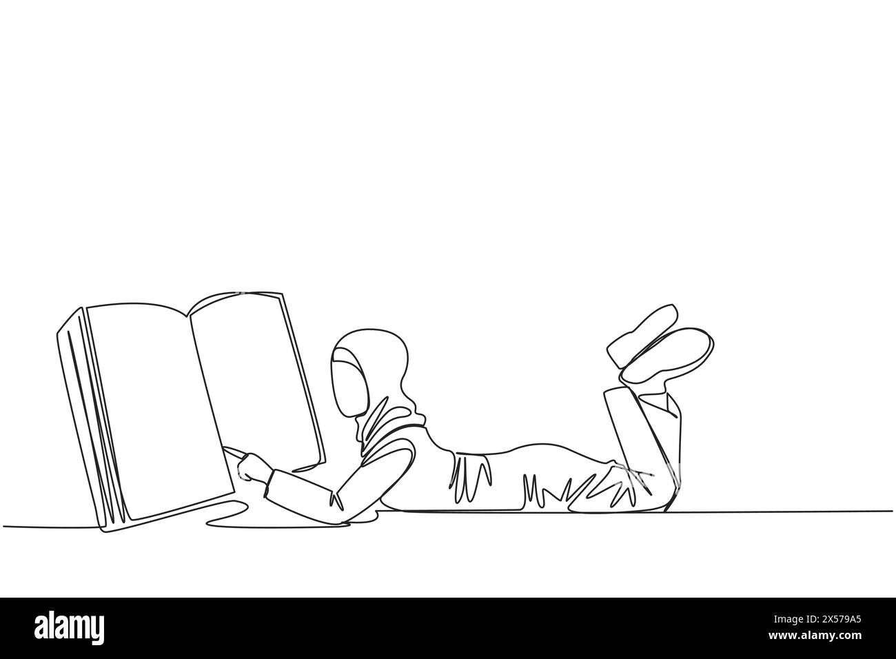 Continuous one line drawing Arab woman lying on her stomach reading big ...