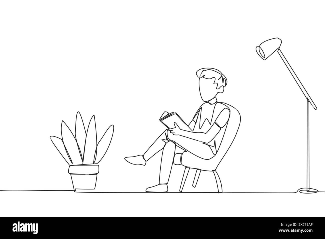 Single one line drawing smart man sitting reading in a room with a ...
