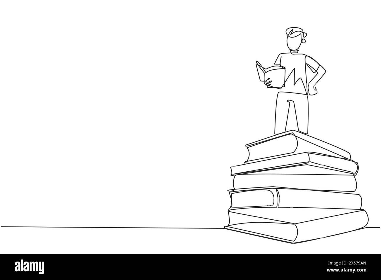 Single one line drawing man standing on pile of books reading a fiction ...