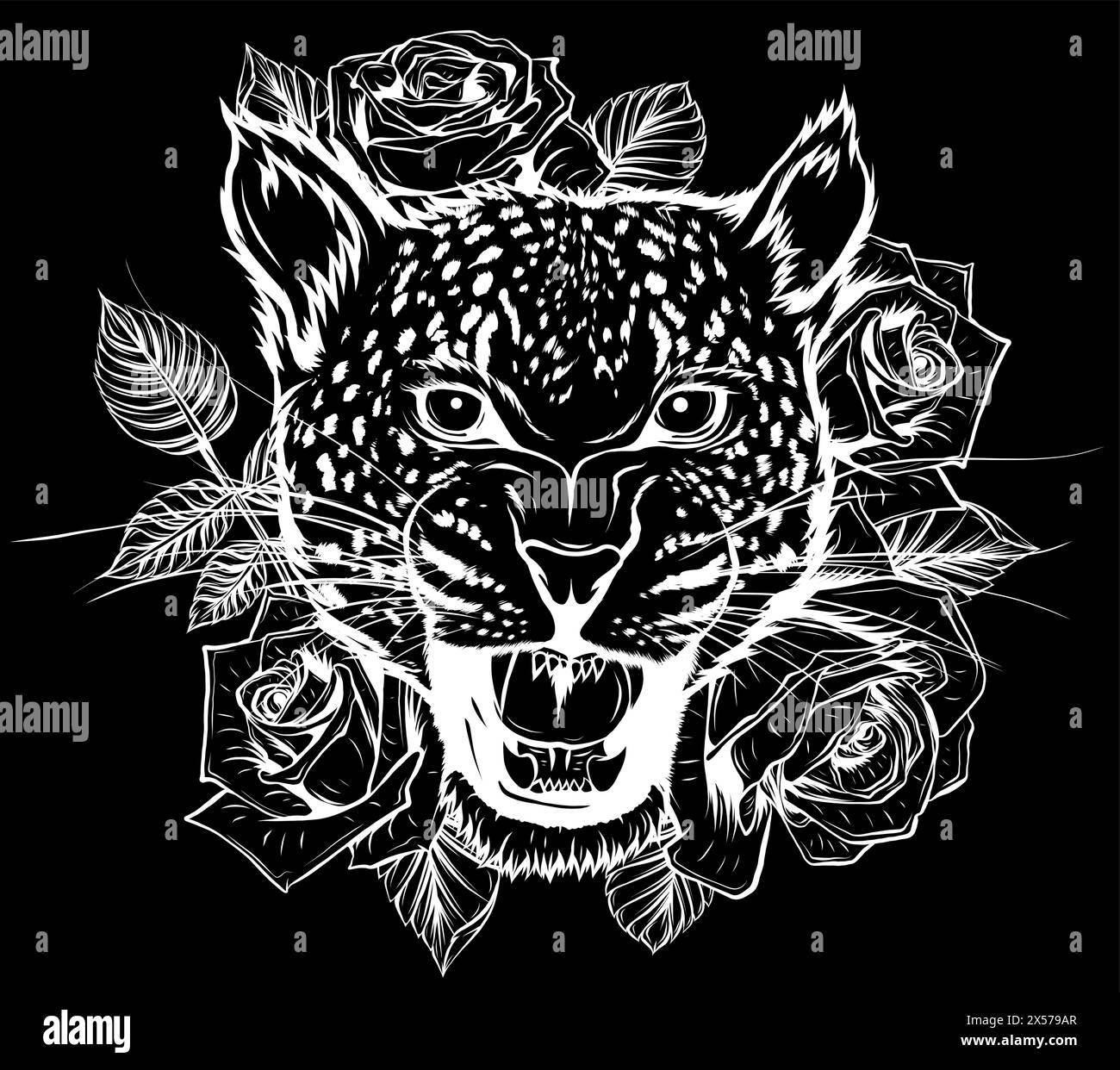 white silhouette of leopard head with roses on black background vector ...