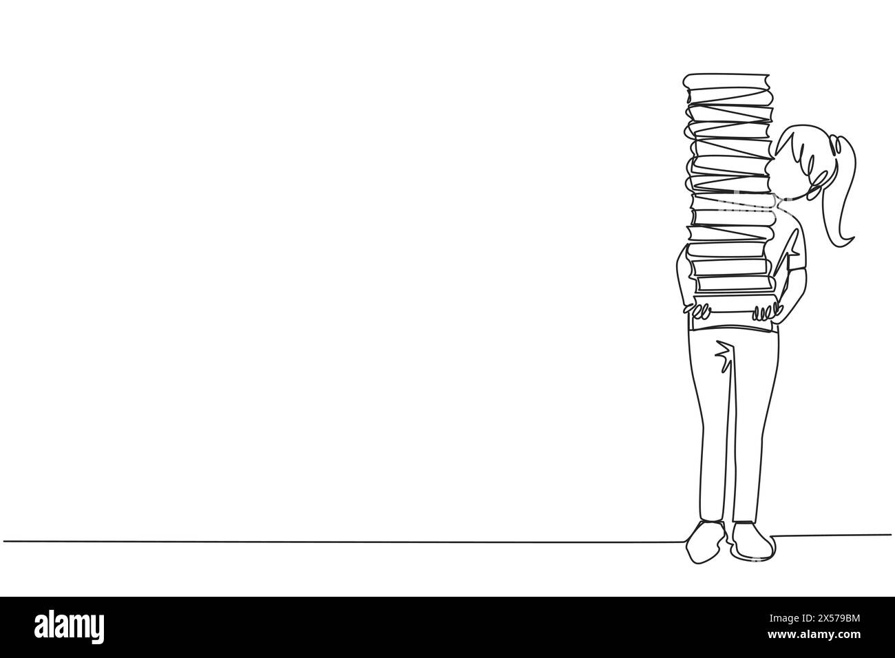 Single one line drawing woman carrying tall stack of books covering ...