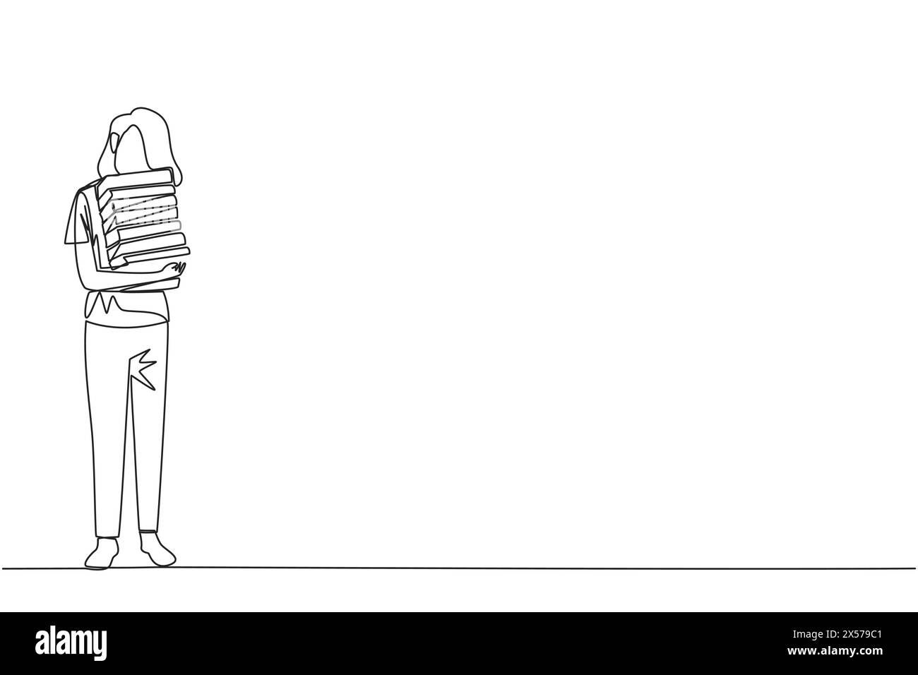 Single continuous line drawing woman standing hugging some books ...