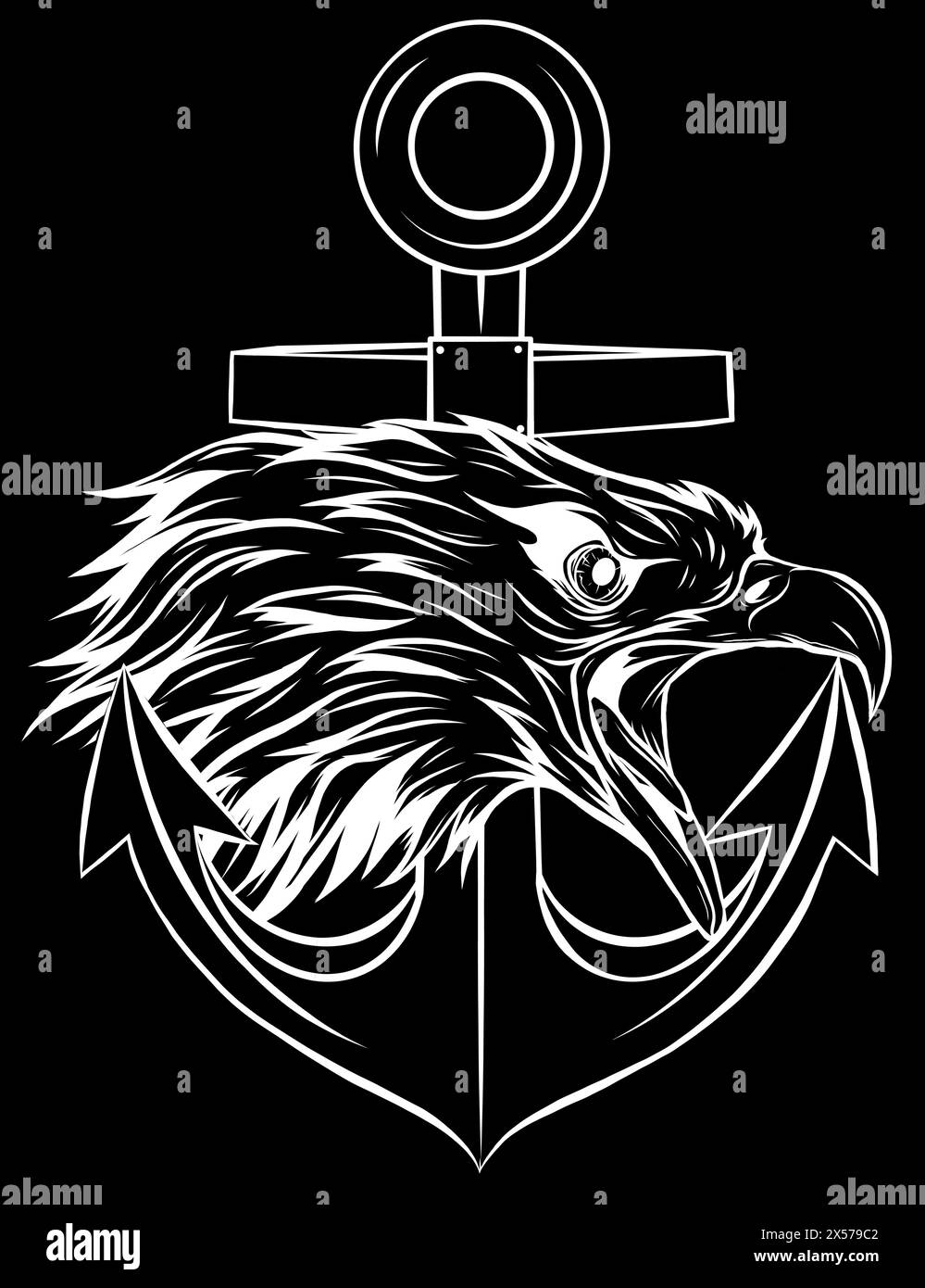 white silhouette of head eagle with anchor on black background Stock ...