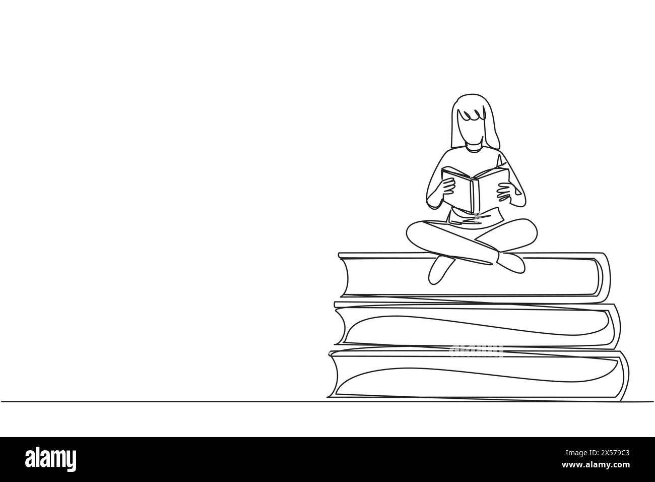 Single Continuous Line Drawing Woman Sitting Cross Legged On Pile Of