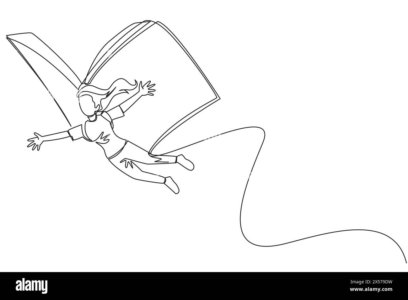 Continuous one line drawing brave woman flying with wings that come ...